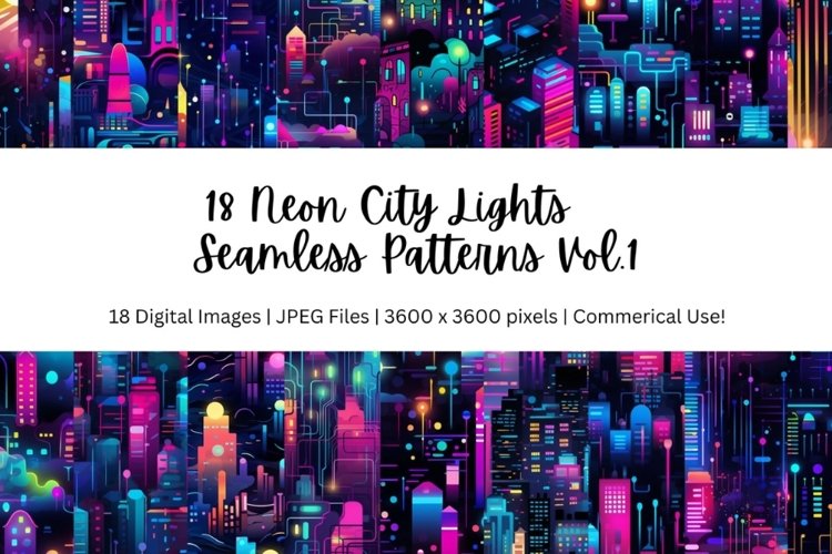 Neon City Lights Seamless Background Patterns - 300DPI