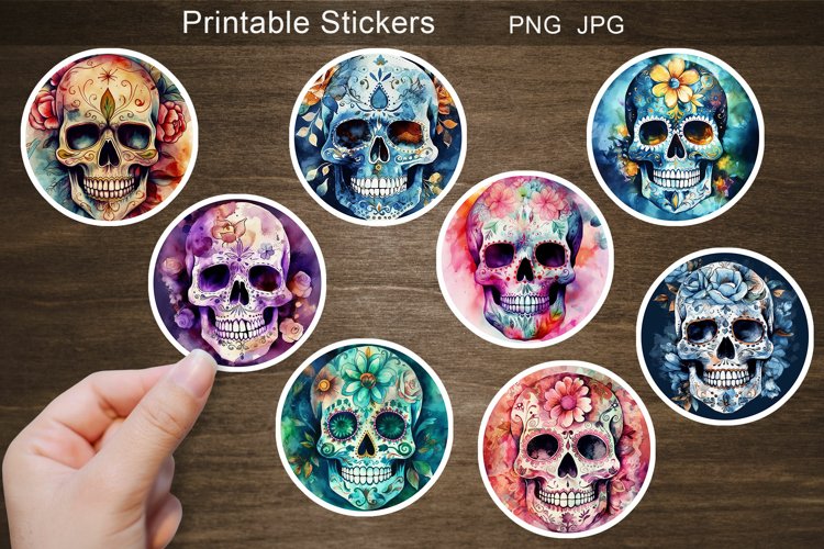 Sugar Scull Flowers Stickers | Printable Round Labels Set