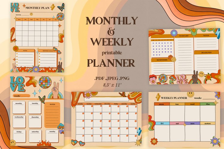 Retro printable Monthly & Weekly planner, Groovy planner