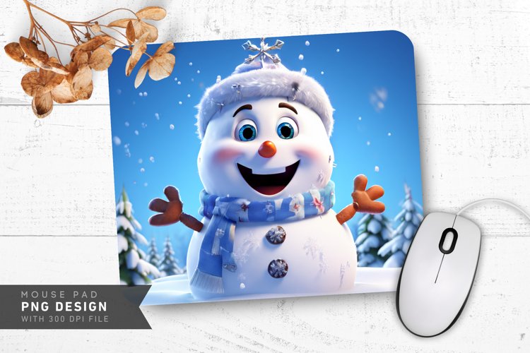 Snowman with Snowflake Crown and Winter Sky Mouse Pad PNG