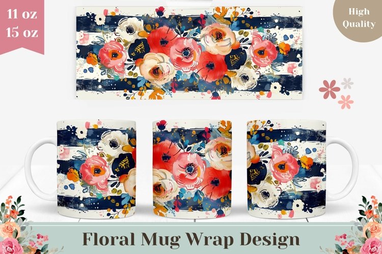 Watercolor Flowers Mug Wrap Design, Stripes Mug Template