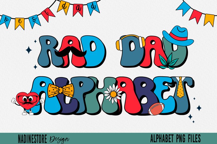 Groovy Rad Dad Alphabet ABC PNG. Father's day letters.
