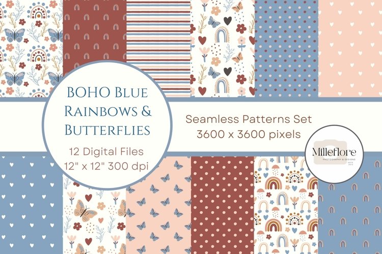Boho Blue Butterflies 12 Digital Seamless Patterns Bundle.
