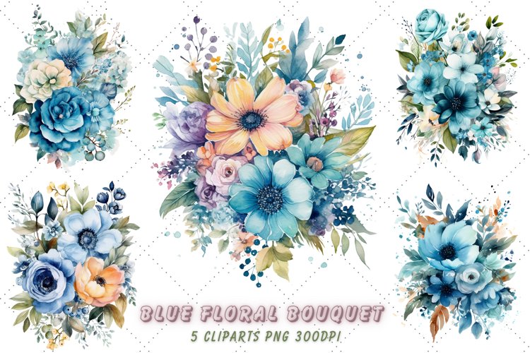 Watercolor Blue Floral Bouquet Clipart Bundle (2530343)