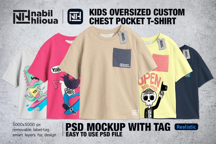 kids Oversized chest-pocket shirt PSD Mockup Template