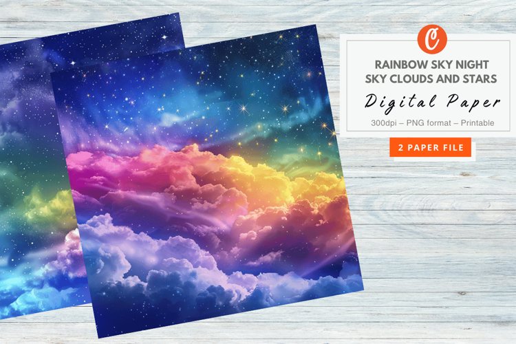 Rainbow Sky Night Sky Clouds and Stars Digital Paper