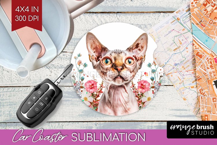 Floral Cat Car Coaster - Flowers Coaster PNG (5005366)