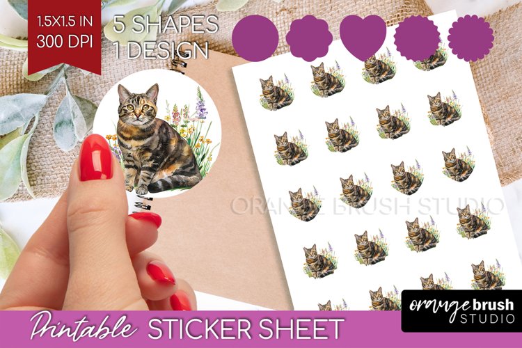 Floral Cat Round Sticker - Flowers Printable (5004557)