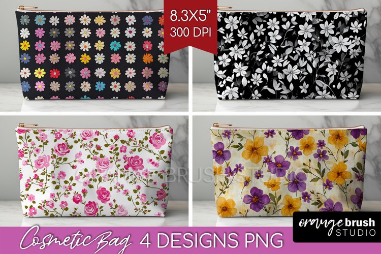 Retro Flowers Cosmetic Bag - Floral Makeup Bag PNG (5002061)