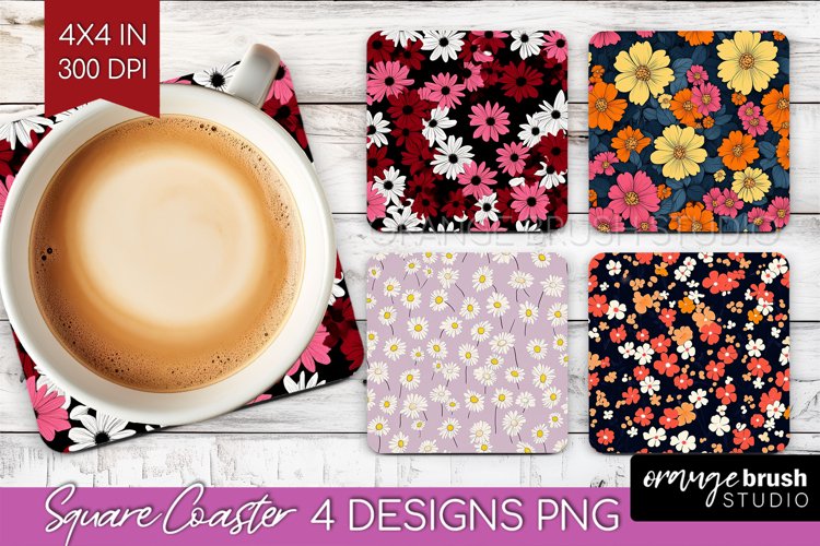 Retro Flowers Square Coaster - Floral Coaster PNG (5001697)