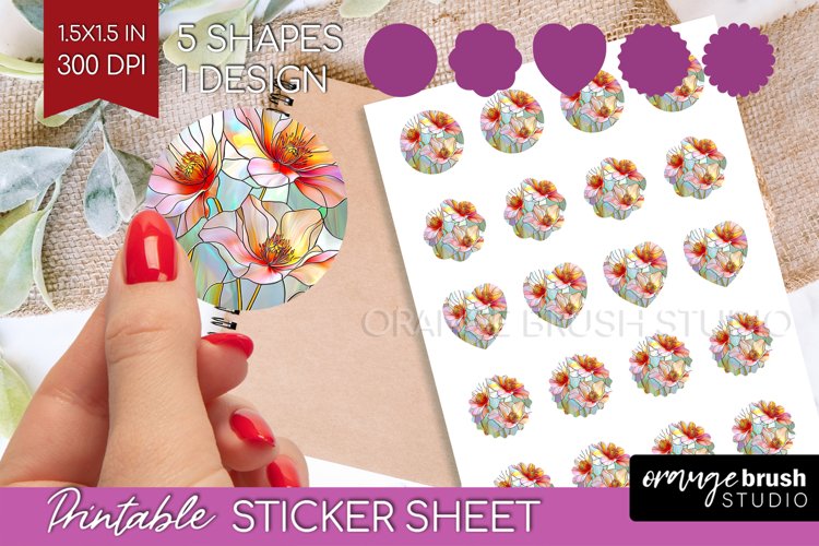 Stained Glass Flowers Round Sticker - Floral (5080843)