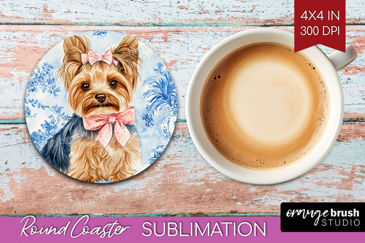 Yorkshire Terrier Dog Round Coaster Blue Toile Coaster PNG