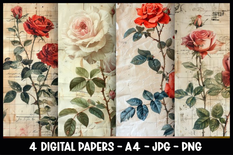 4 Vintage Roses Digital Papers I Junk Journal Page (3722120)