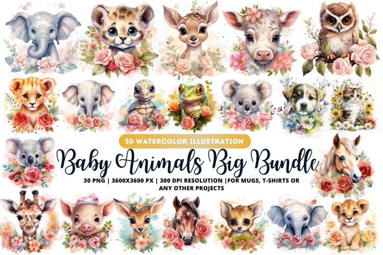 30 Baby Animals Watercolor bundle | Baby Animals bundle