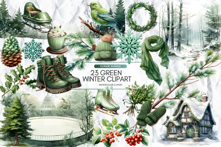 Watercolor Green Winter Clipart, Set of 23 Png