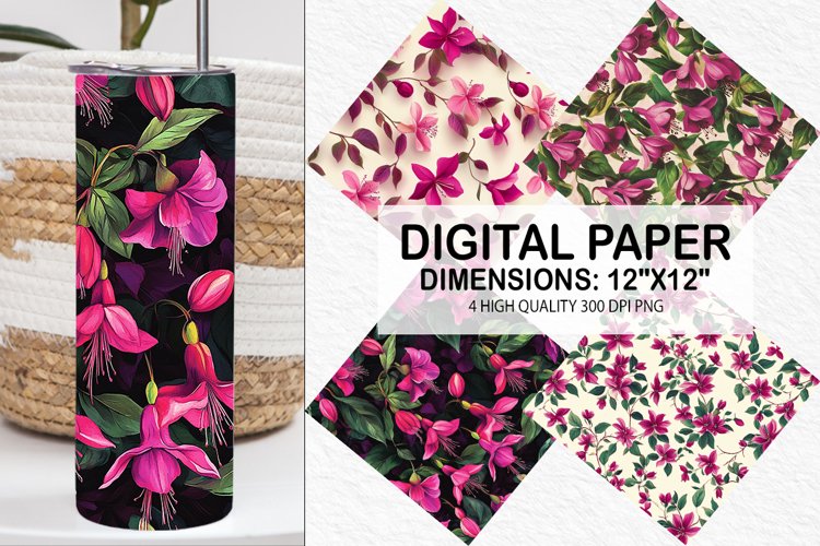 Fuchsia Flowers Pattern Digital Paper - Flowers Background