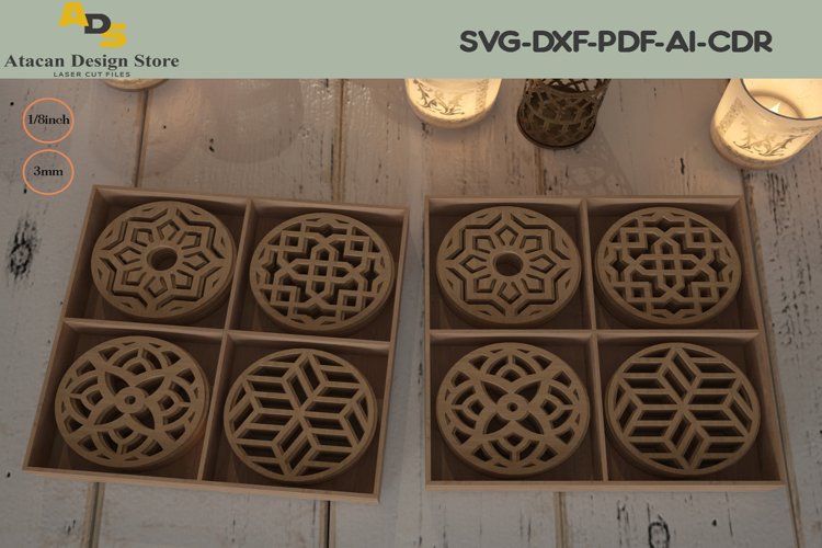 Laser cut Round Patterned Coaster and Box Templates Set 207