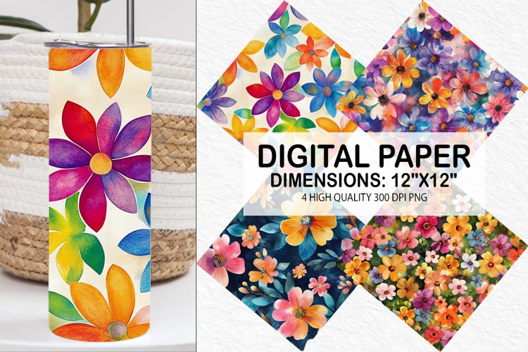 Funky Watercolor Flowers Digital Paper- Flowers Background