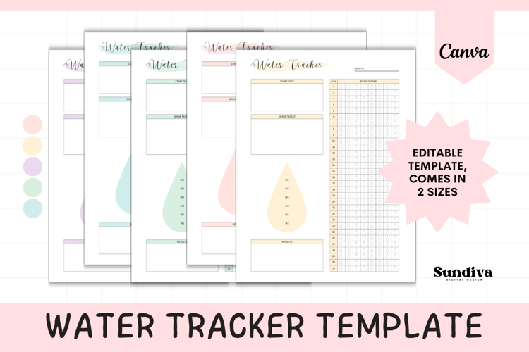 Water Tracker Editable Template 2 | Progress Drop & Results