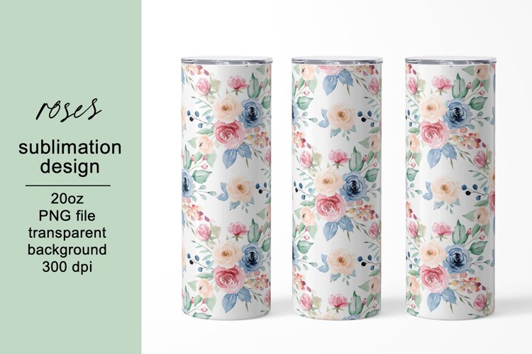 Tumbler sublimation design with pink and blue flowers, png.