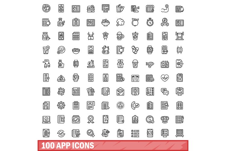 100 app icons set, outline style (2353483)