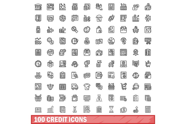 100 credit icons set, outline style (2251740)