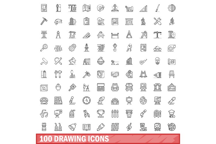 100 drawing icons set, outline style (2427124)