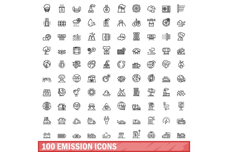 100 emission icons set, outline style (2432224)
