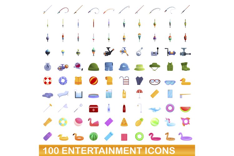 100 entertainment icons set, cartoon style (1783442)