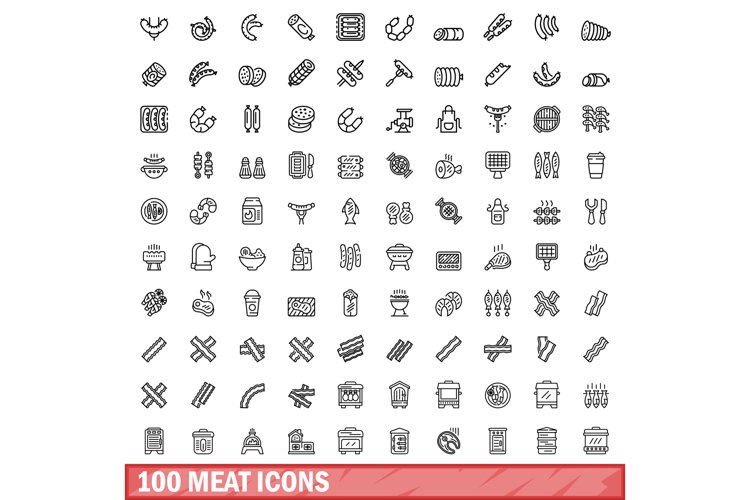 100 meat icons set, outline style (2207405)