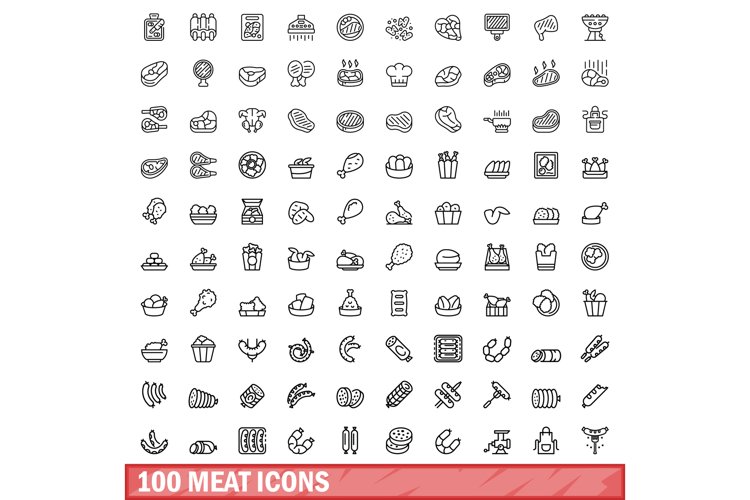 100 meat icons set, outline style (2251815)