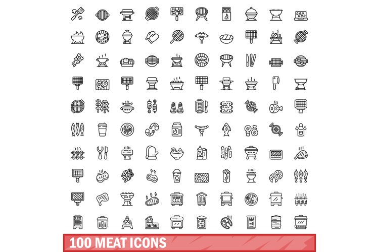 100 meat icons set, outline style (2251816)