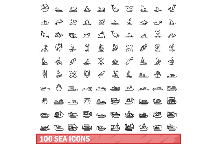 100 sea icons set, outline style (2207834)