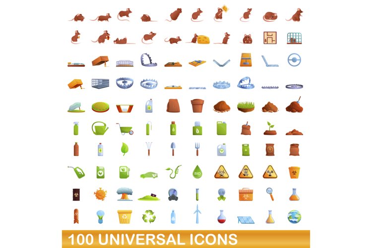 100 universal icons set, cartoon style (1785197)