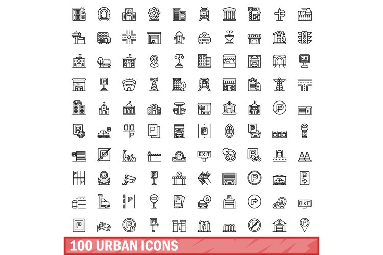 100 urban icons set, outline style (2391487)