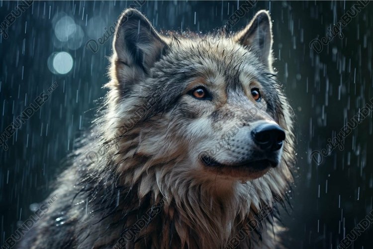 Close-up of an attentive wolf with wet fur under a tranquil