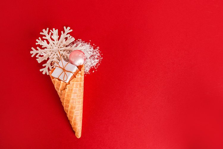 Ice Cream Cone with Christmas Decoration snowflake and gift