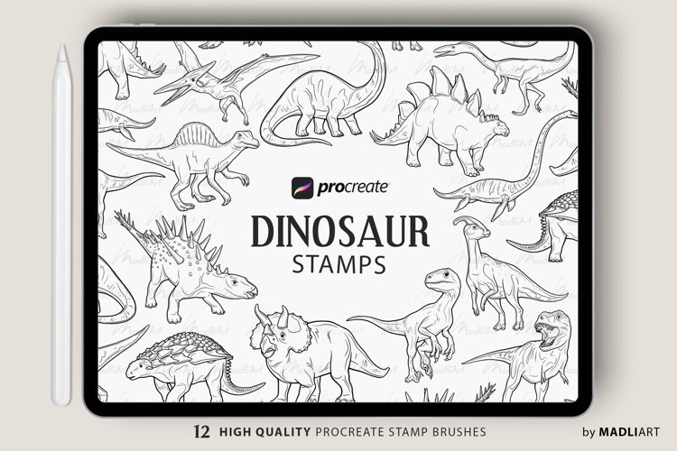 12 Dinosaurs Procreate Brush Stamps, Jurassic T-Rex Outline