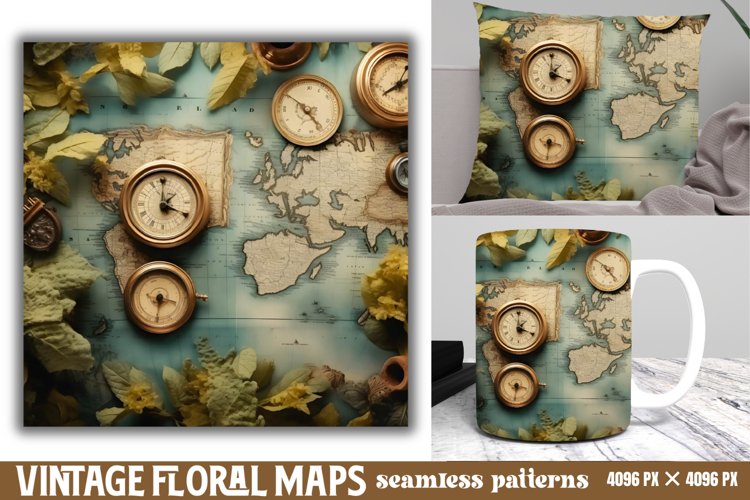 Vintage Floral Maps Seamless Patterns Backgrounds,