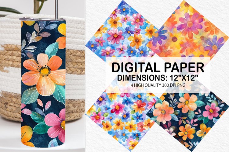 Funky Watercolor Flowers Digital Paper- Flowers Background