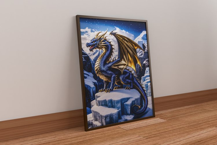 Blue & Gold Winter Dragon. Wall Art Poster