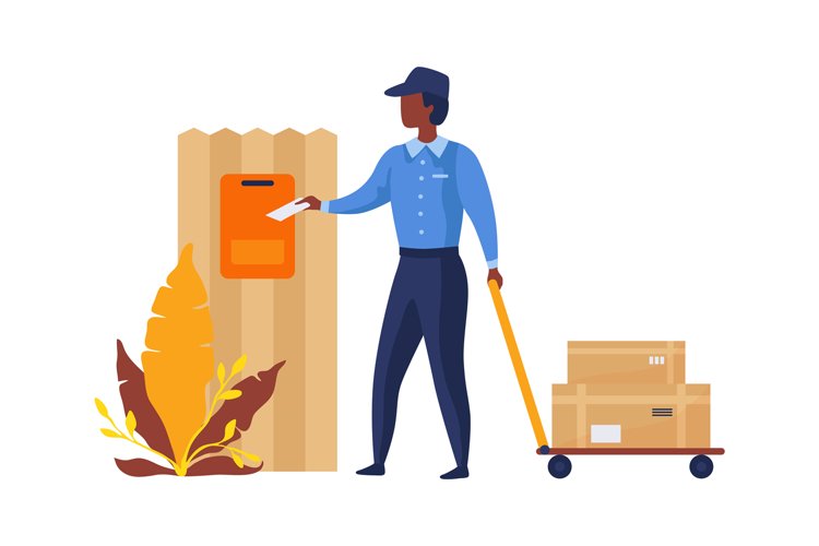 Postman delivers mail. Cartoon postal worker throwing letter