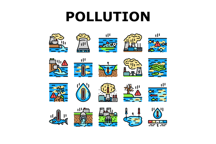 thermal pollution ecosystem icons set vector (6565746)