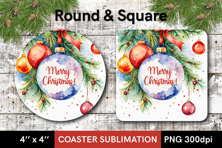 Watercolor Merry Christmas. Round and Square Coaster Design