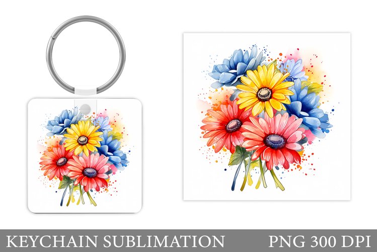 Gerbera Flowers Keychain. Watercolor Flowers Keychain Design
