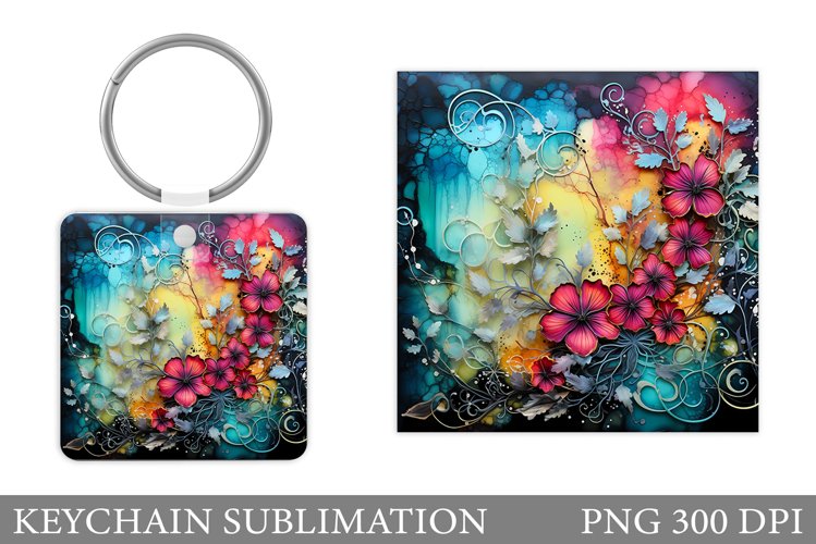 Floral Keychain Sublimation. Flowers Square (3836514)