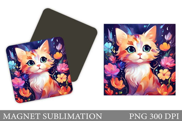 Cat Flowers Magnet Design. Cute Cat Magnet Sublimation
