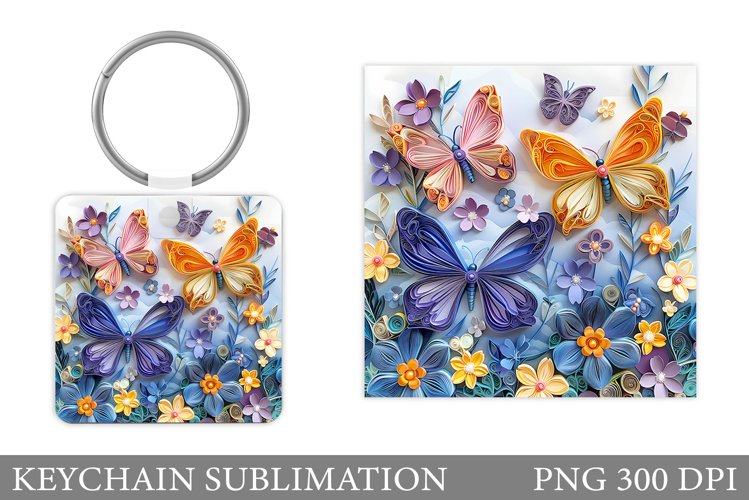Butterflies Keychain Sublimation. Flowers Square (3600047)