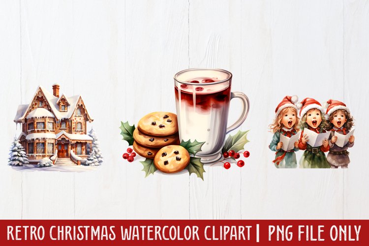 Retro Christmas Watercolor Clipart, Vintage (4389003)