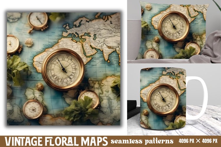 Vintage Floral Maps Seamless Patterns Backgrounds,
